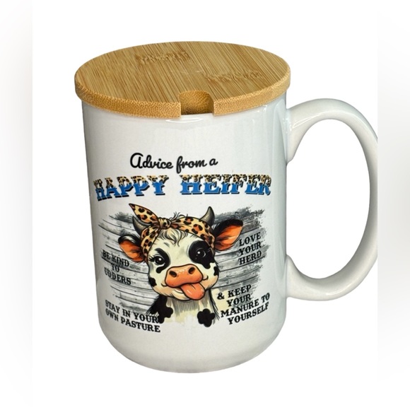 Hand Crafted | Dining | Happy Heifer White Ceramic Coffee Mug With Lid ...